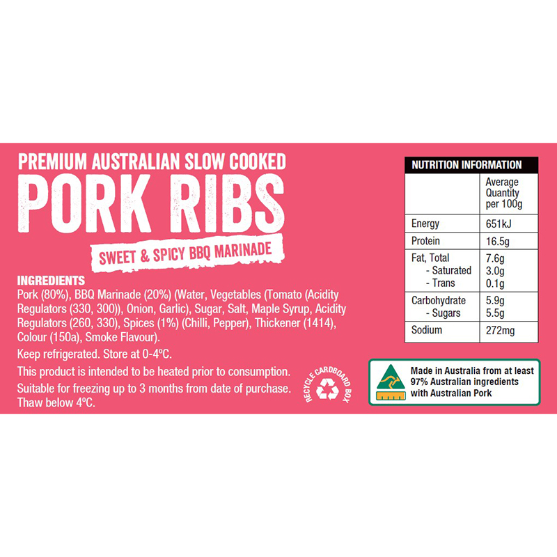 Sunpork Australia No Hormones Added Chilled Slow Cooked Pork Ribs 2PC