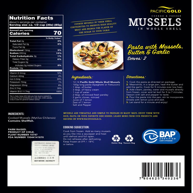 PACIFICGOLD Chile Frozen Whole Shell Blue Mussel 454GM